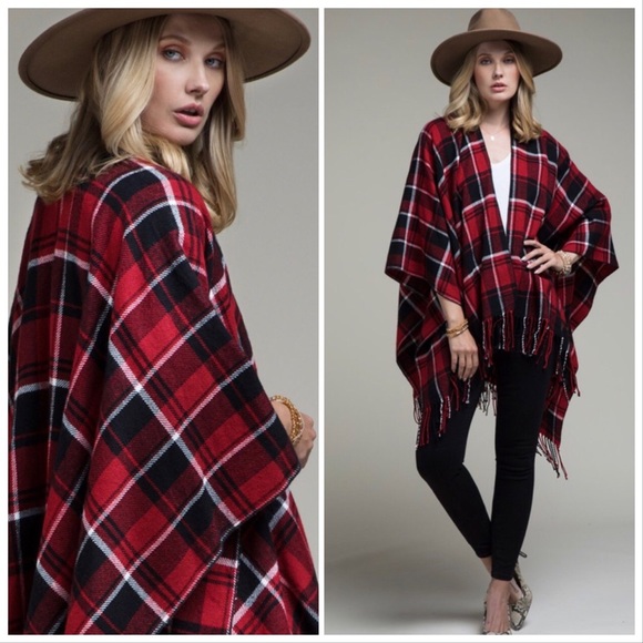 Sweaters | Red Plaid Soft Poncho Ruana | Poshmark
